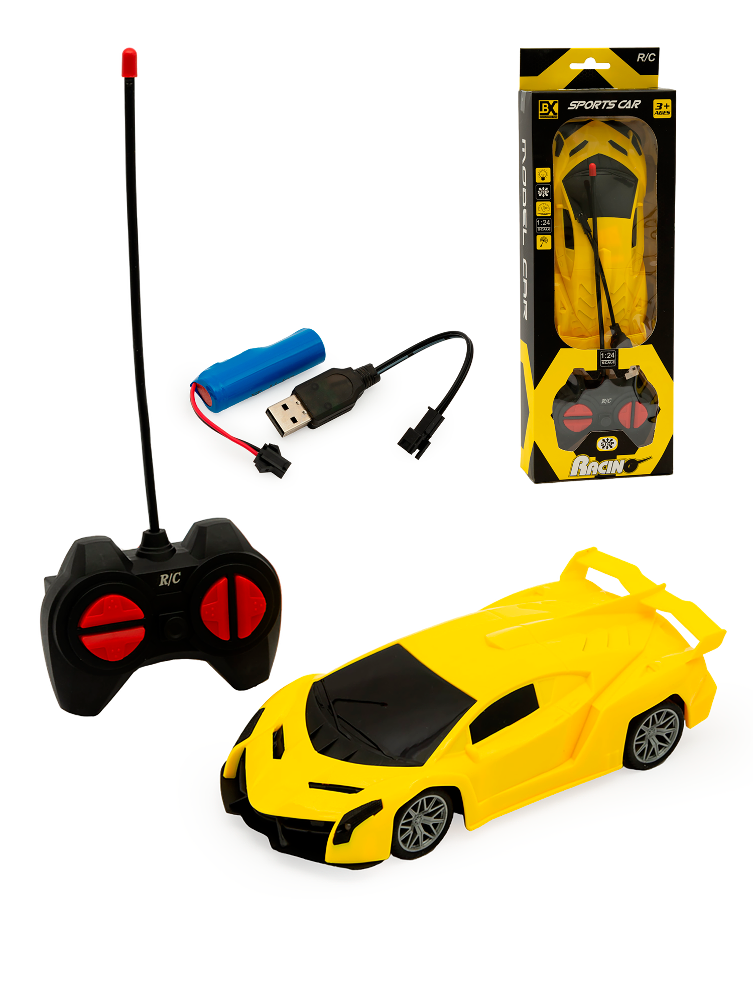 Радиоуправляемая машинка TONG DE, жёлтая, пластик, масштаб 1:24, задний привод