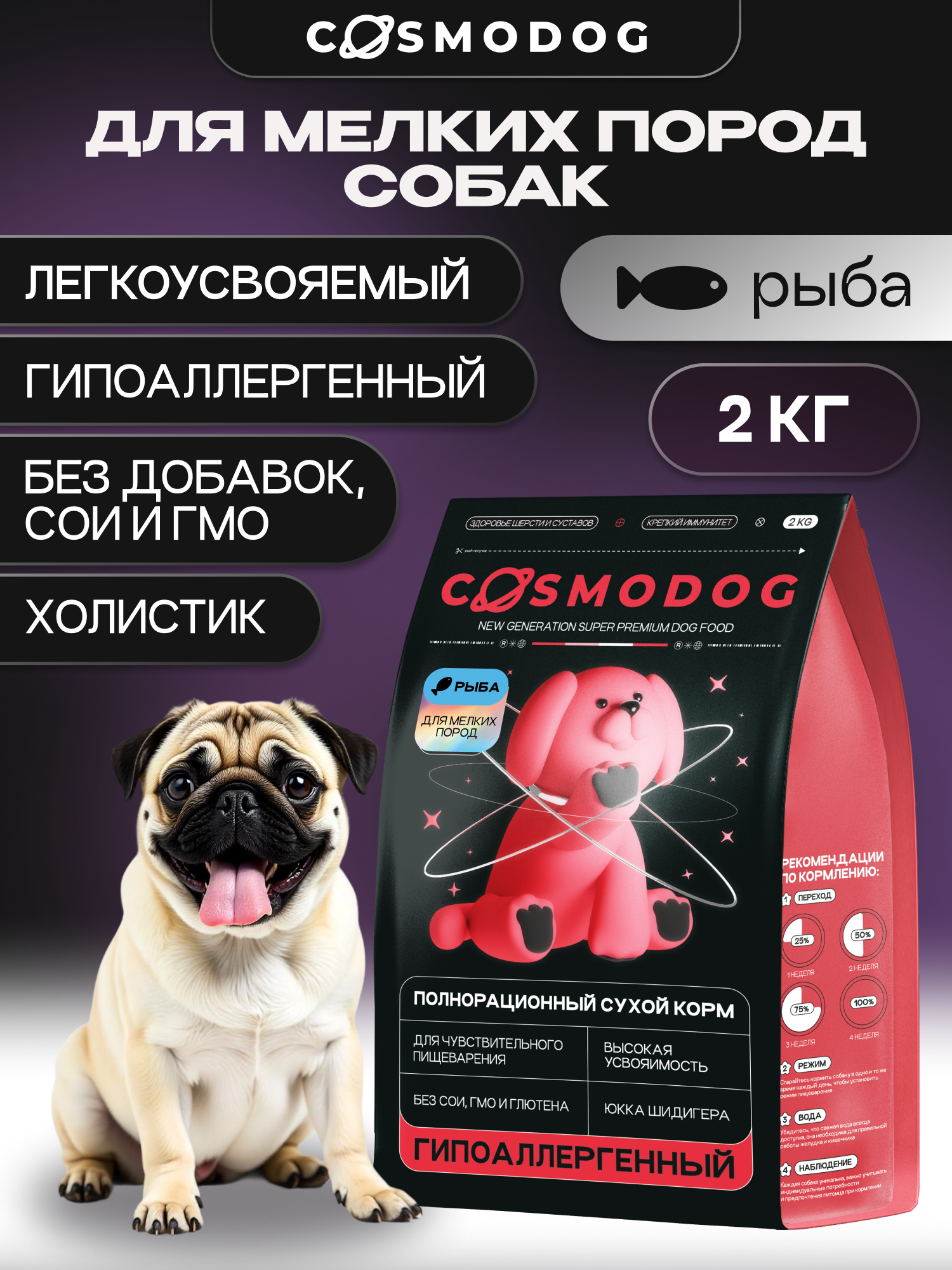 Корм для собак сухой Cosmodog от Cosmopet с рыбой 2 кг, гипоаллергенный холистик супер премиум-класса для мелких пород