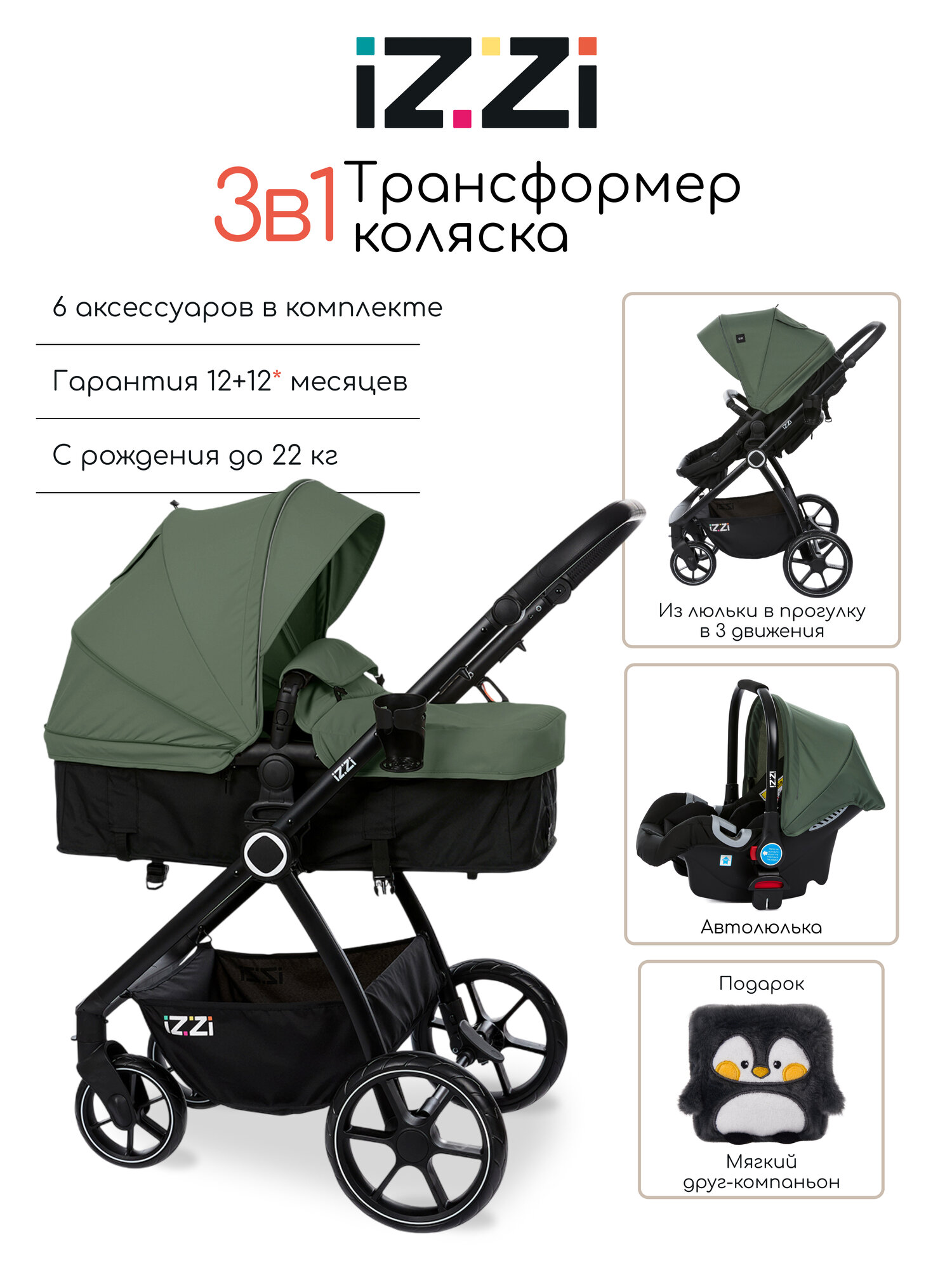 Коляска-трансформер 3в1 для новорожденных iZZi с реверсивным блоком