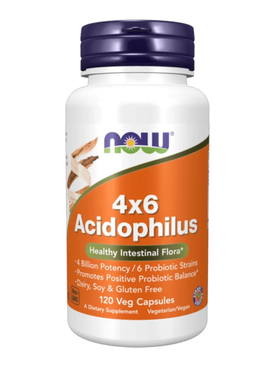 NOW Foods Acidophilus, Ацидофилус 4x6, 120 капсул, для пищеварительной системы