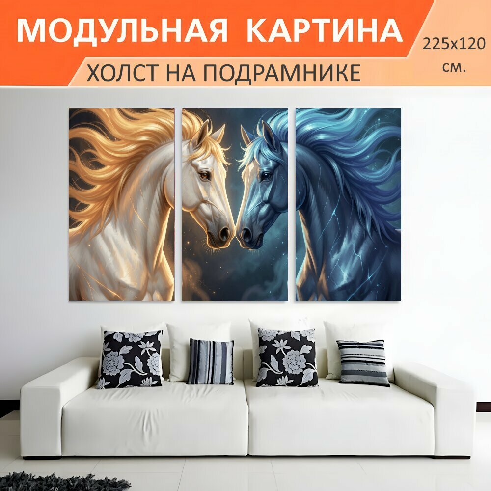 Модульная картина на холсте "Две магические лошади. Фантазийная сцена с двумя грациозными скакунами: светлый и темный образы в." триптих на подрамнике 225х120 см. для интерьера