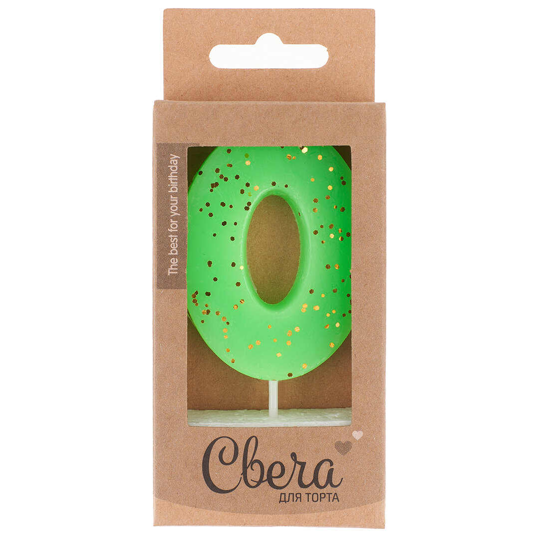 Свеча Цифра, 0 ЭКО, Неон, Зеленый, с блестками, 4*6 + 3 см,