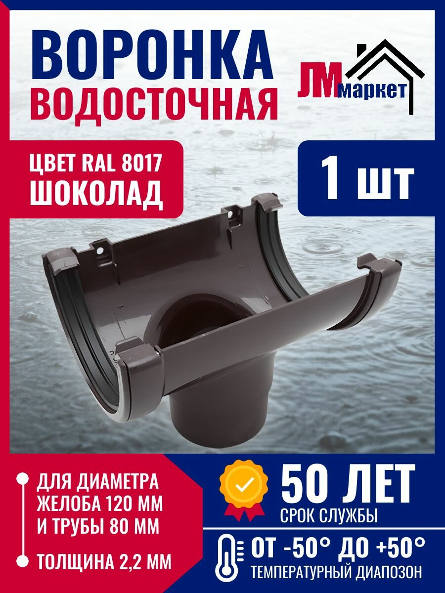 Воронка желоба водосточная шоколад, 1 шт, канадка проходная коричневая на трубу