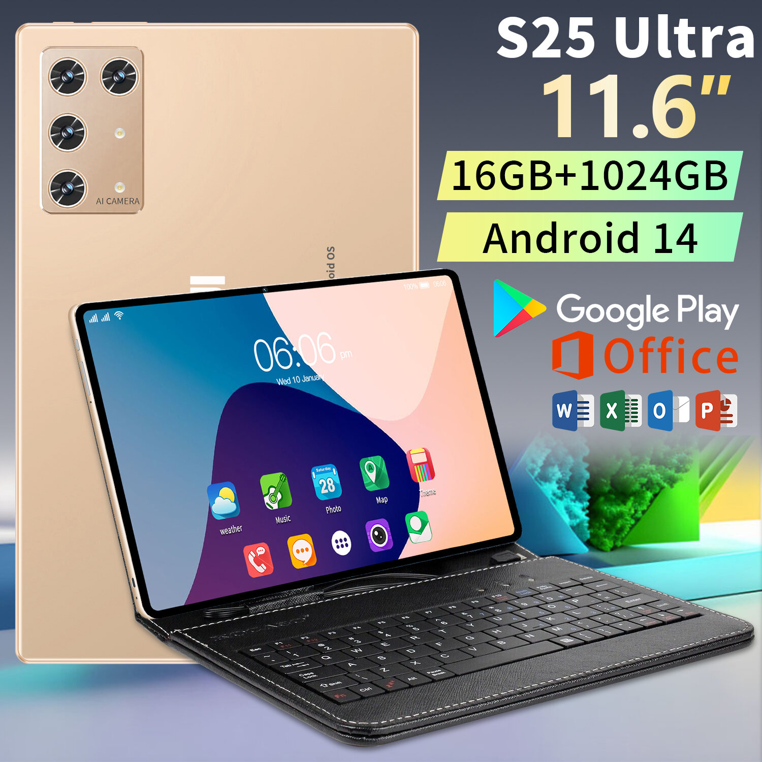 Игровой планшет S25 Ultra с клавиатурой 16 GB, 1 TB, 12 ядер, Android 14, золотистый