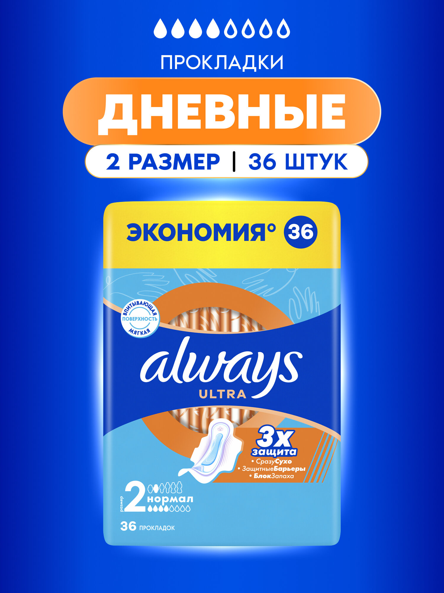 Женские гигиенические прокладки с крылышками Always Ultra Нормал, размер 2, 36 шт.