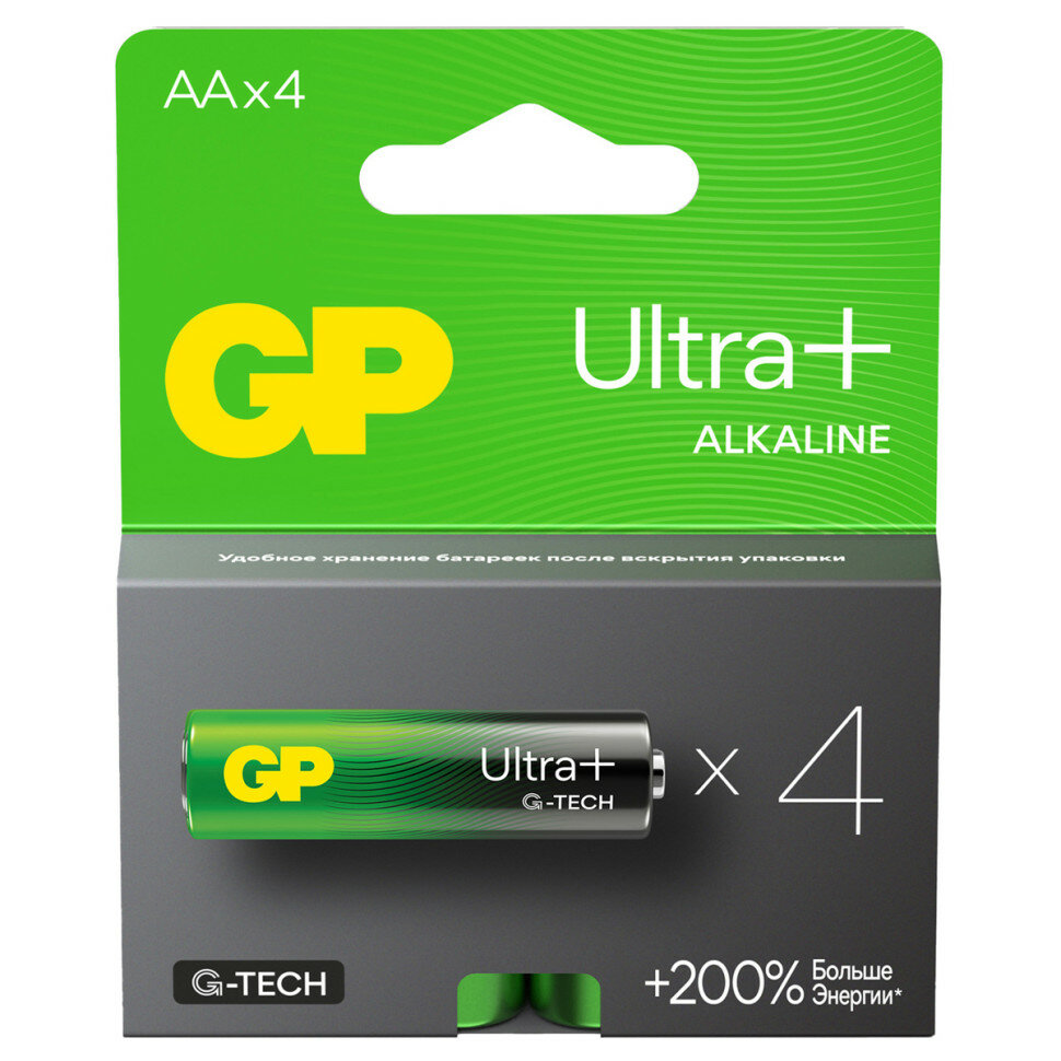 Батарейка GP Ultra Plus G-Tech AA (LR6) 15AUP алкалиновая, BC4, 4 штук, 371837