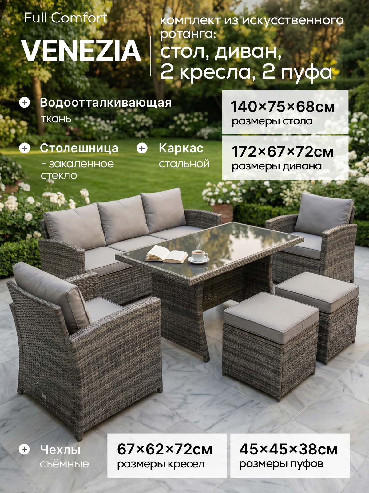 Садовая мебель для дачи Full Comfort - VENEZIA из искусственного ротанга серый (стол, 3-местный диван, 2 кресла, 2 пуфа)