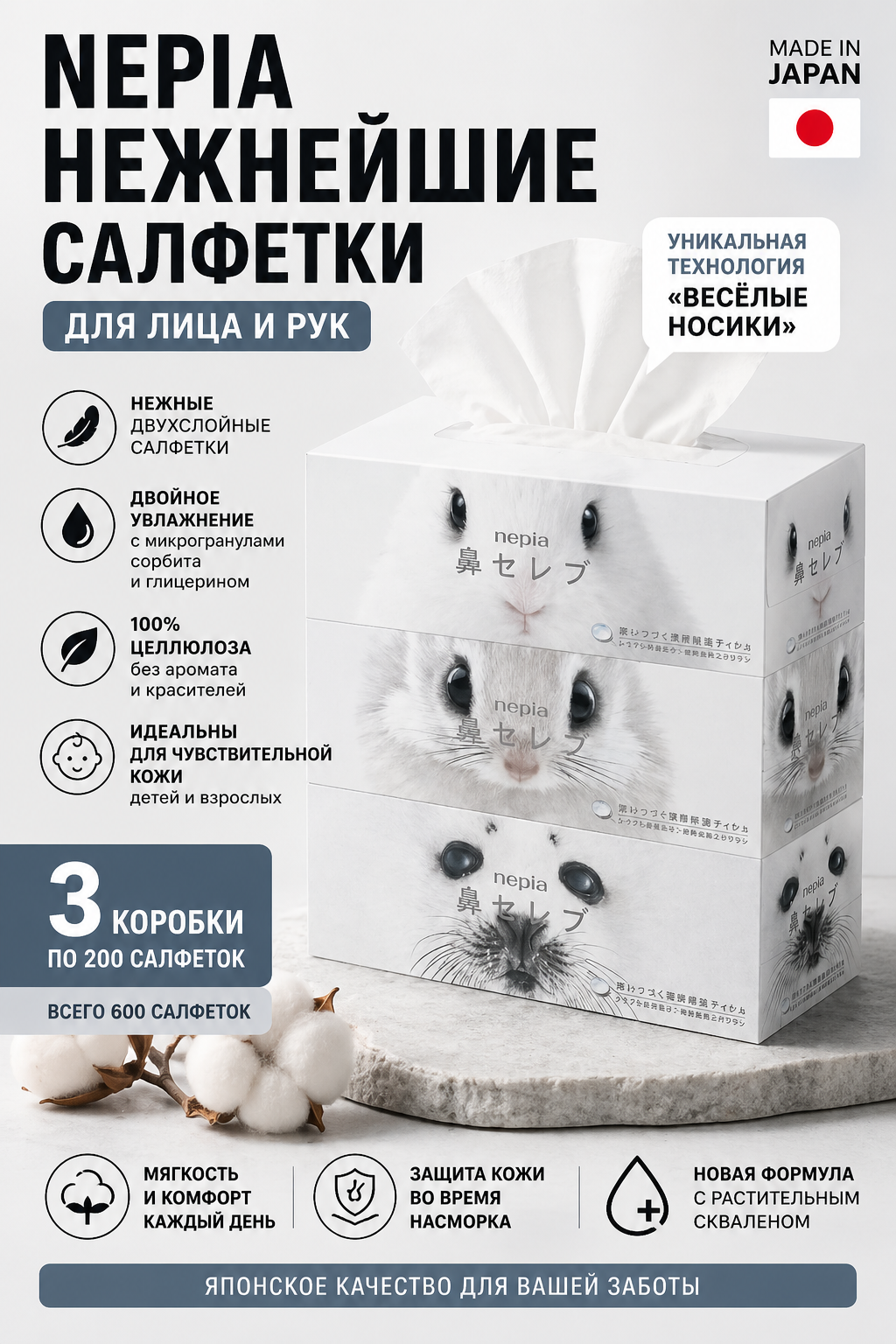Салфетки бумажные в коробке Funny Noses 3x200шт