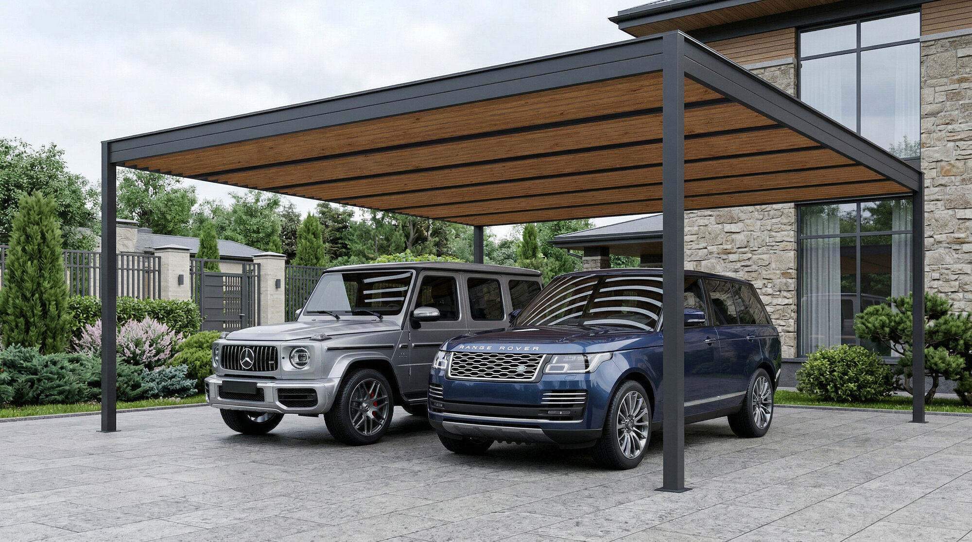 Навес Las Pergolas C MAX PRO, 6x6 м, для 2 автомобилей, сборка своими руками, усиленные балки, реечный потолок