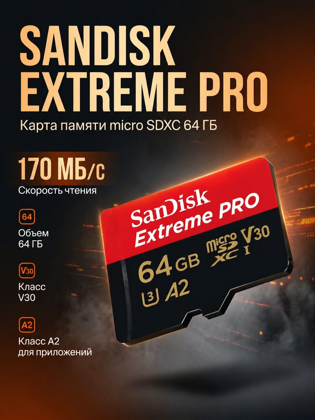 Карта памяти SanDisk Extreme Pro, 64ГБ, MicroSD, UHS-I, V30