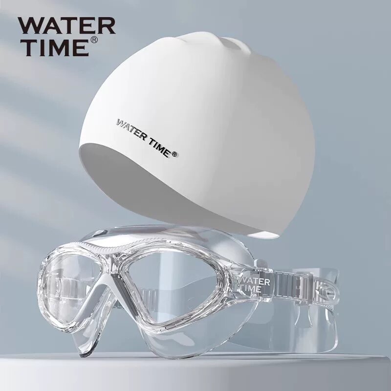 WATERTIME Набор очков и шапочки, чайно-белый с белым логотипом, антизапотевание, линза для 300 диоптрий
