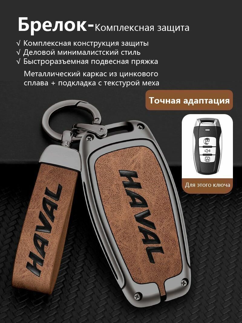 Чехол для ключа Haval (цинк+кожа+TPU, 3/4 кнопки) для Jolion, F7, H6, Dargo, с карабином