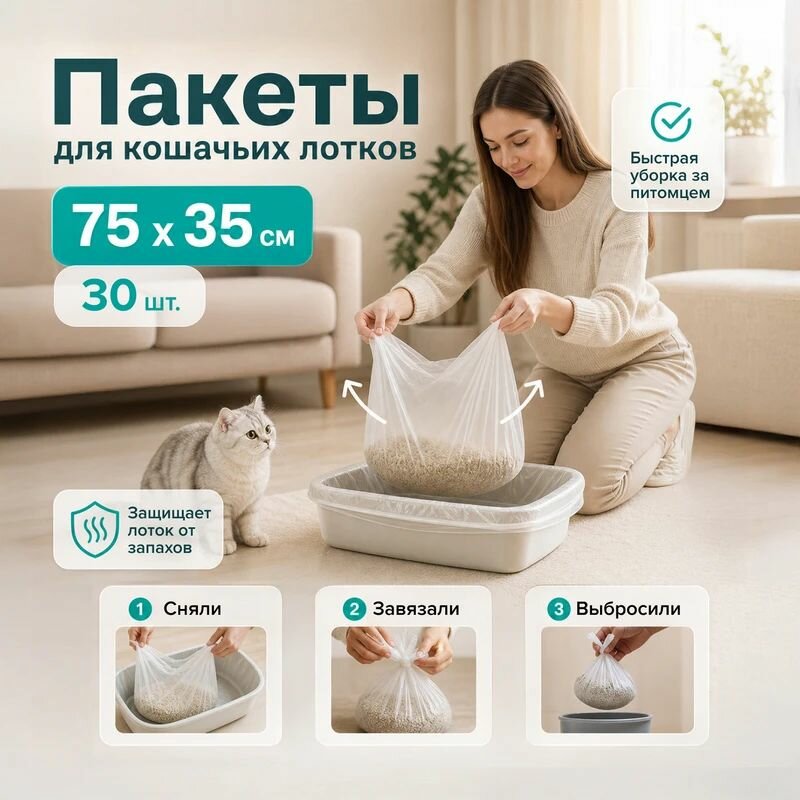 Пакеты для кошачьих лотков, 30 шт. 75*35 см. для большинства стандартных размеров