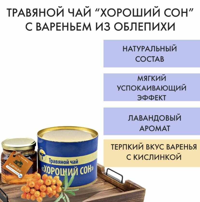 Листовой чай Хороший сон и варенье из облепихи - подарочный набор Благоедов
