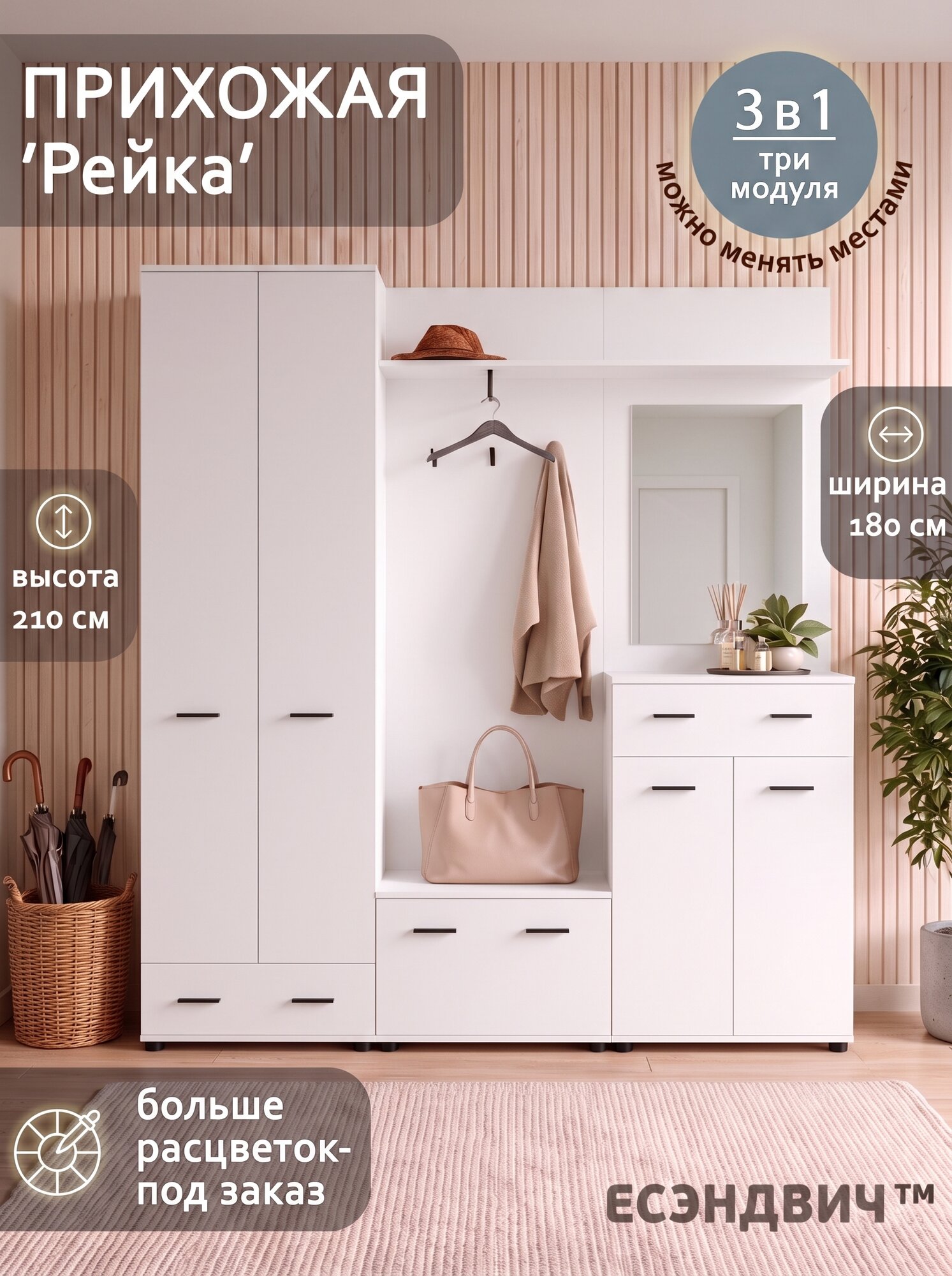 Есэндвич Рейка Прихожая 180х210х35 см (Белый/Белый глянец), с зеркалом, с полками и ящиками