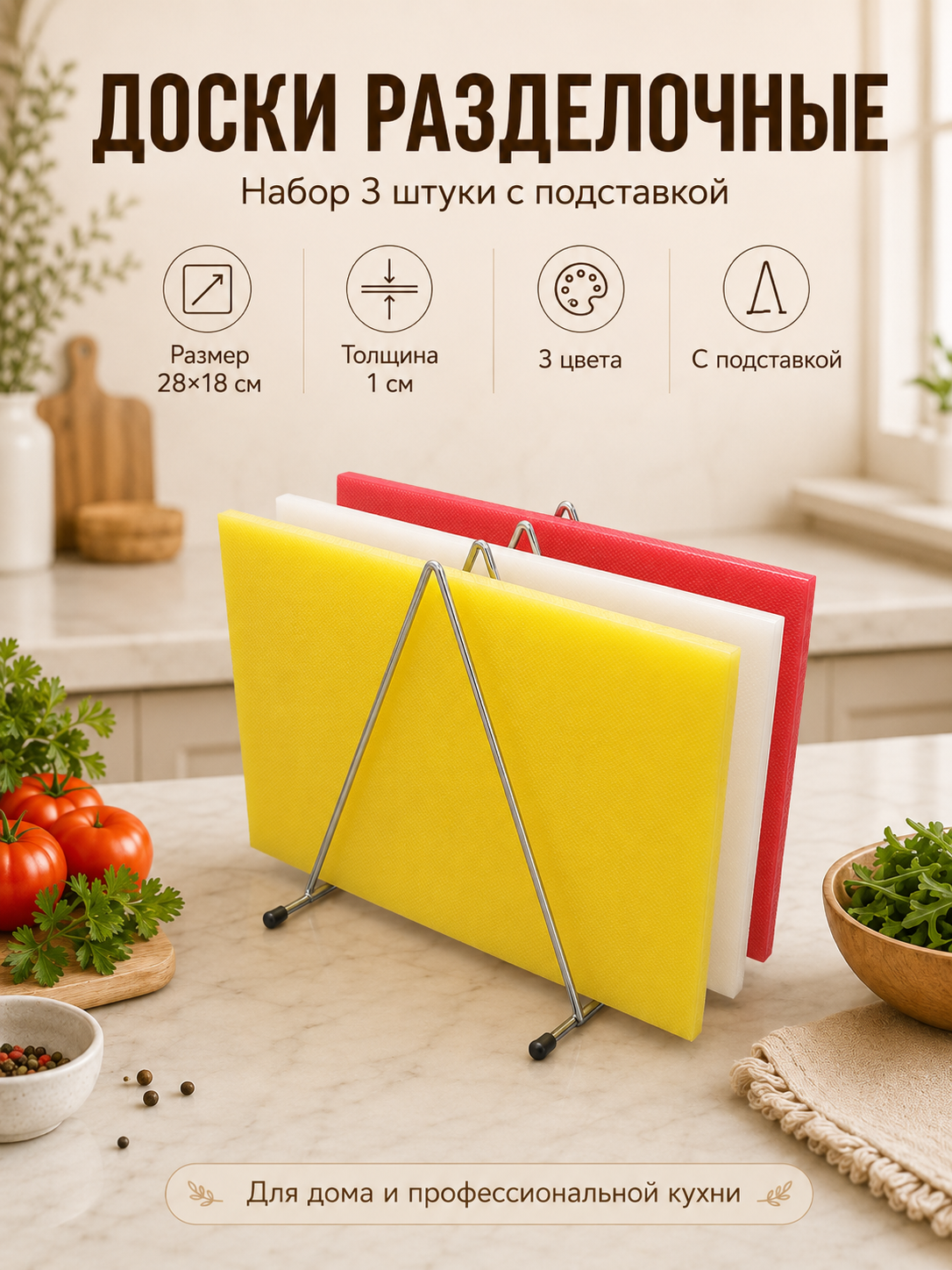 Набор профессиональных разделочных досок 280*180 с подставкой, набор 3 шт