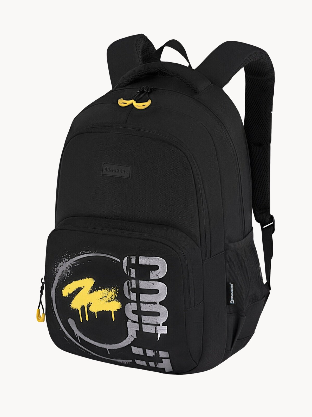 Рюкзак женский мужской, школьный спортивный городской, для подростка черный со светоотражающим принтом, 2 отделения, 45х30х18 см, Brauberg, 273846