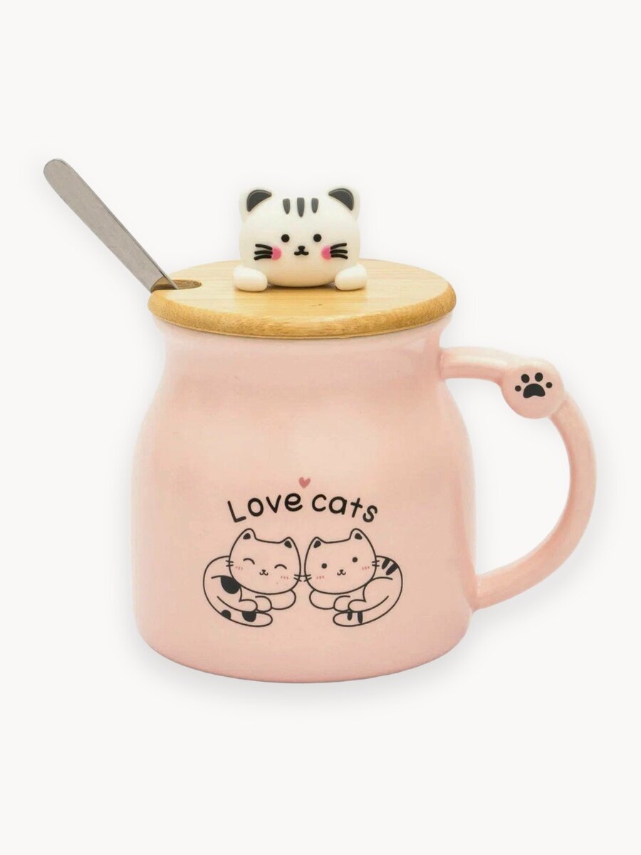 Кружка чашка с крышкой керамическая, для чая и кофе, с принтом Котики, 340 мл, розовая, ложка в комплекте