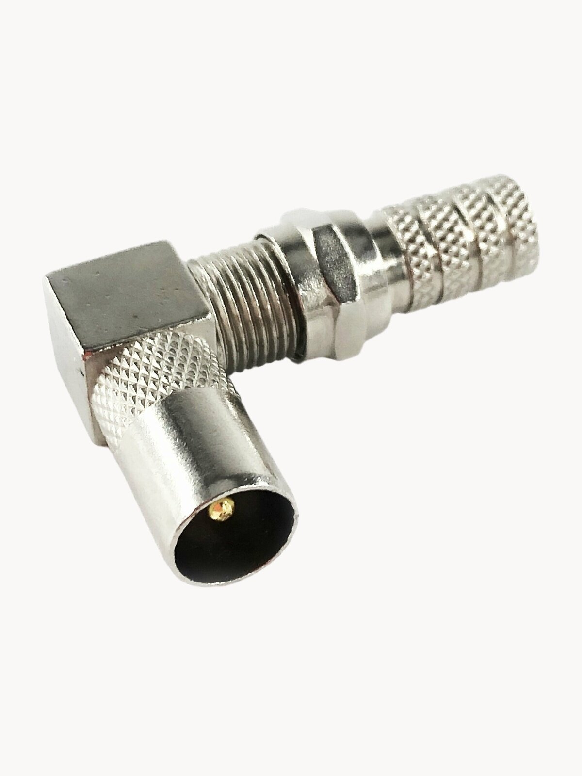 Переходник ТВ штекер - F гнездо угловой металл ( в комплекте F разъем.)( 2 штуки)