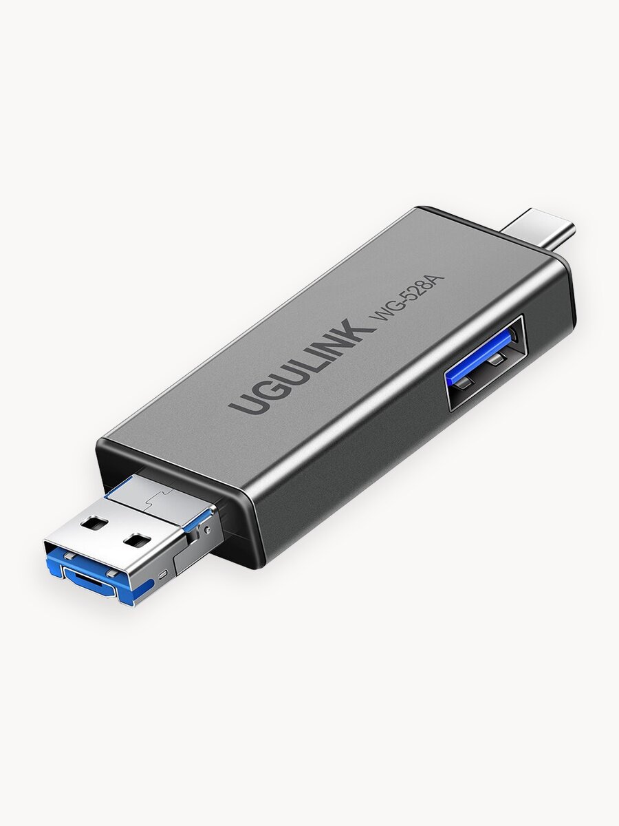 Универсальный Адаптер OTG Картридер 6 в1 для SD + MicroSD / TF карт и USB диск, три выхода Type-C + USB 3.0 + microUSB, UGULINK WG-528A