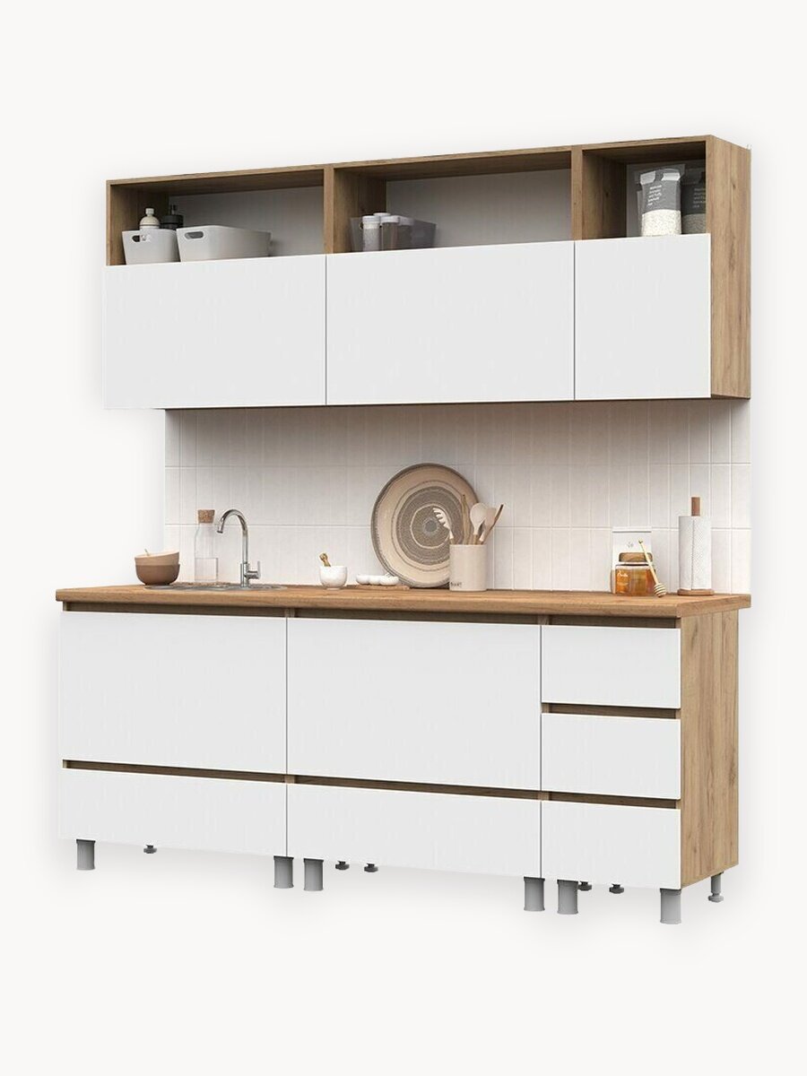 Кухонный гарнитур Hoff Хелен, 200х216,8х60, цвет дуб крафт золотой/белый шагрень/дуб вотан