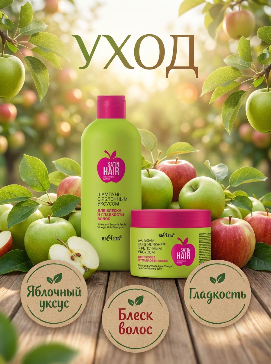 SATIN HAIR Шампунь с яблочным уксусом для блеска и гладкости волос 400мл.+Бальзам 300мл.