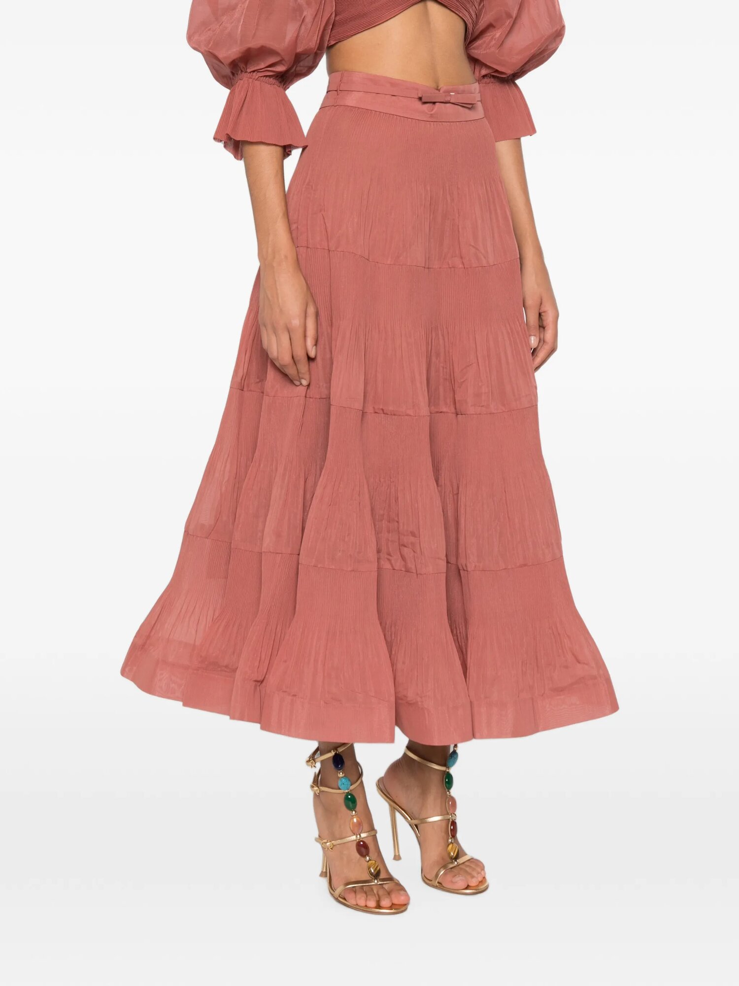 Юбка ZIMMERMANN Pleated tiered skirt, размер 40, розовый — фото 1