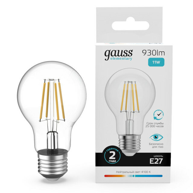 GAUSS Filament Elementary 11Вт Е27 LED 930 лм 4100К груша филаментная лампа