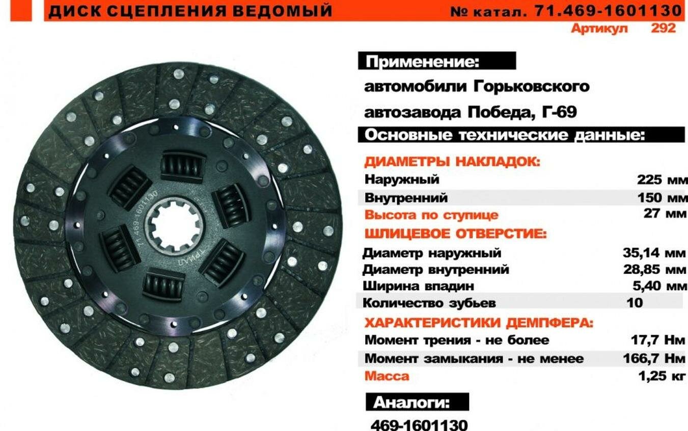 Диск сцепления Триал 71.469-1601130, для трансмиссии, плавное переключение передач