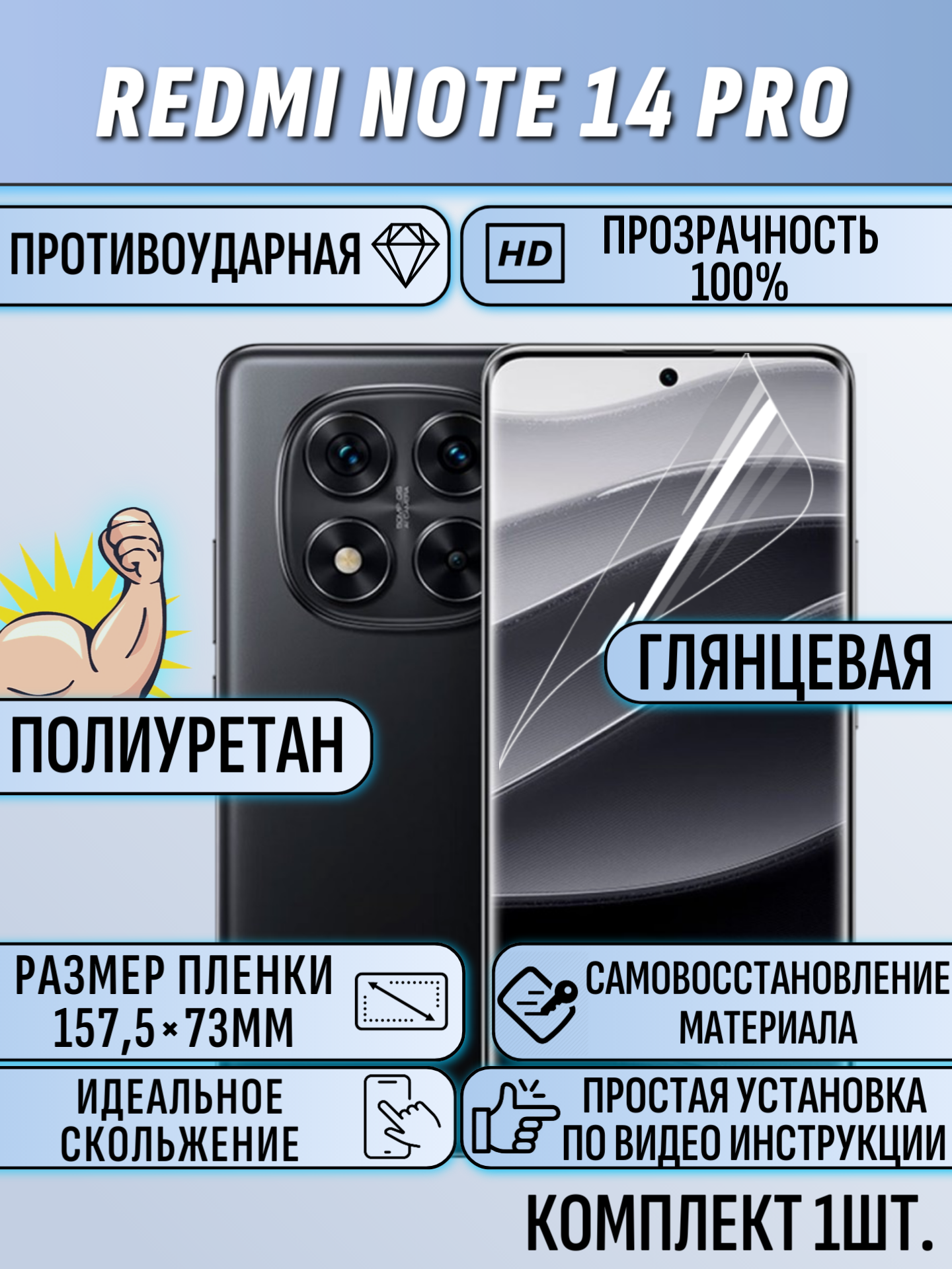 Гидрогелевая пленка для Redmi Note 14 Pro глянцевая 1 шт. в комплекте