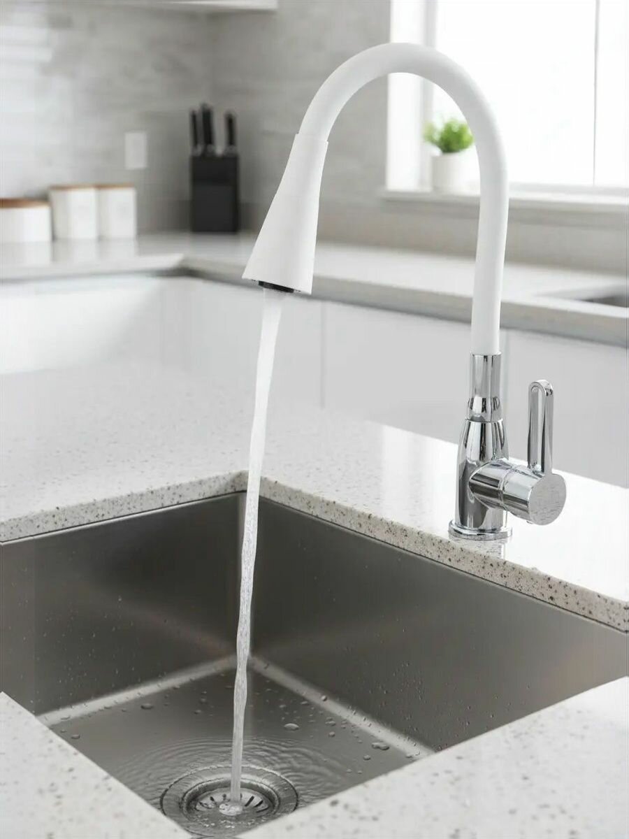 Смеситель для кухни D-LIN из нержавеющей стали с гибким силиконовым изливом (белый)