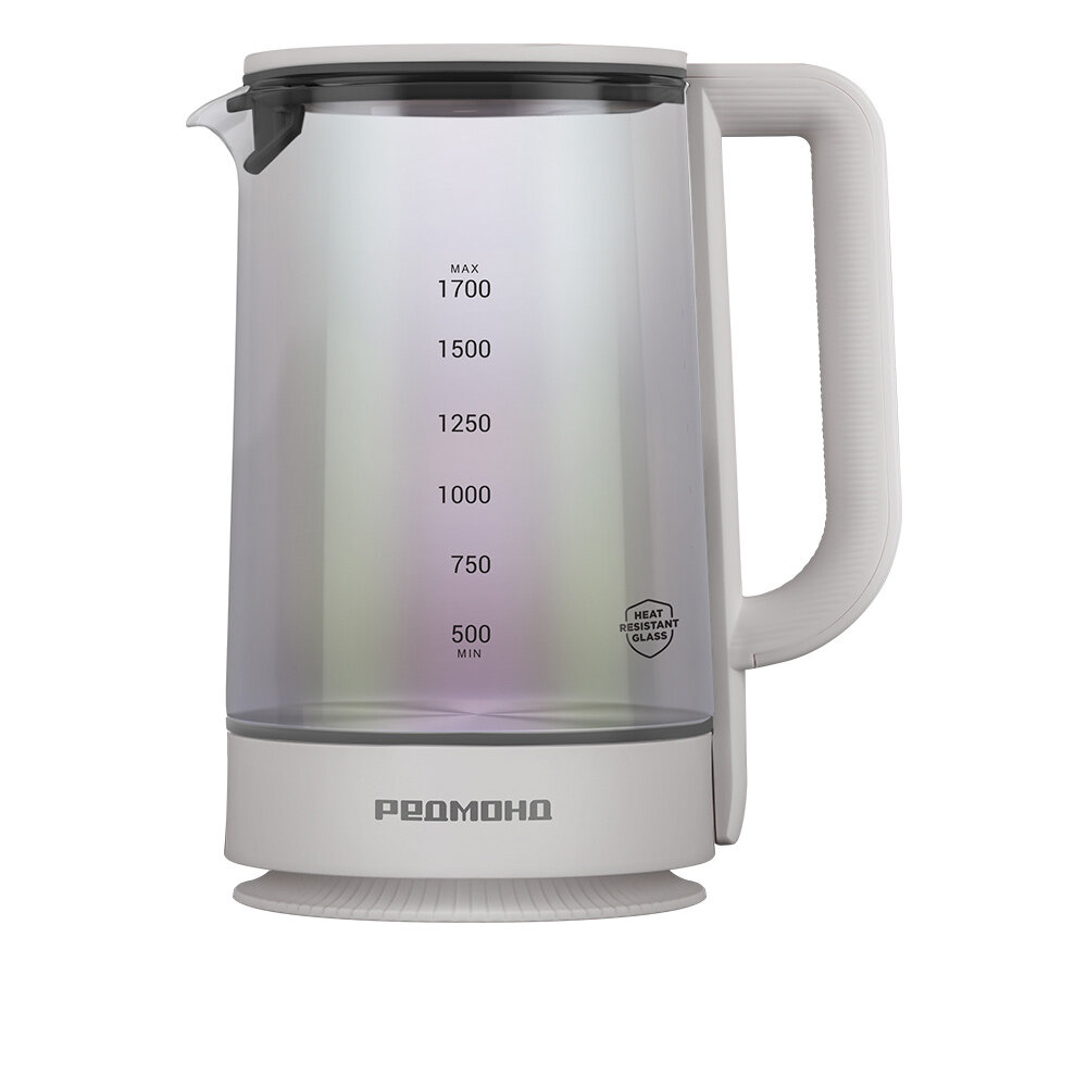 Электрический стеклянный чайник редмонд KG273, подсветка, съемная крышка, автоотключение, вращение 360°, 1,7 л, белый