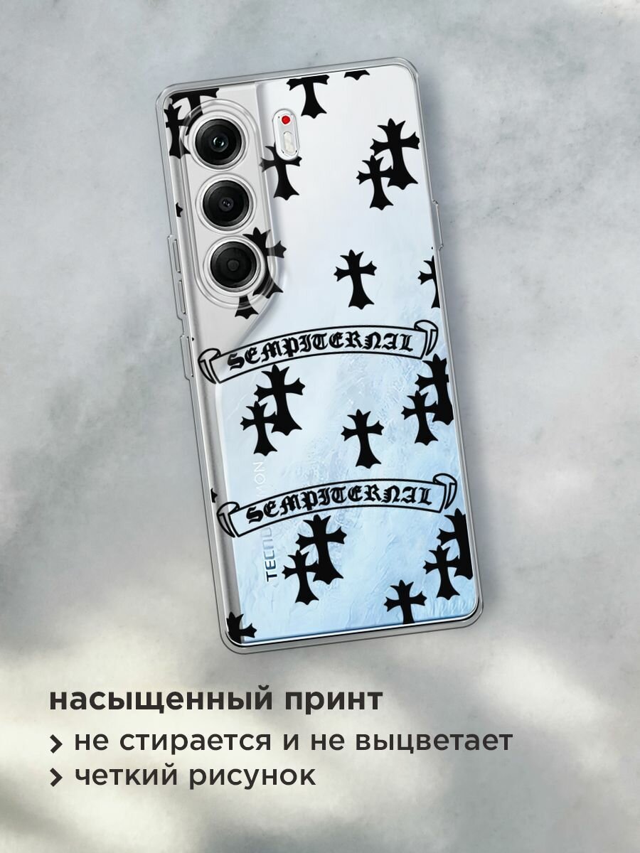 Чехол на Tecno Camon 40 Pro 5G / Текно Камон 40 Про 5G с принтом "Кресты паттерн чёрный", прозрачный — фото 1