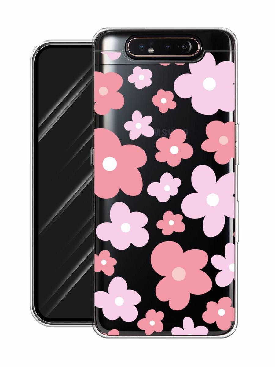 Чехол на Samsung Galaxy A80 / Самсунг Гэлакси A80 с принтом "Нежные розовые цветочки рисунок", прозрачный — фото 1