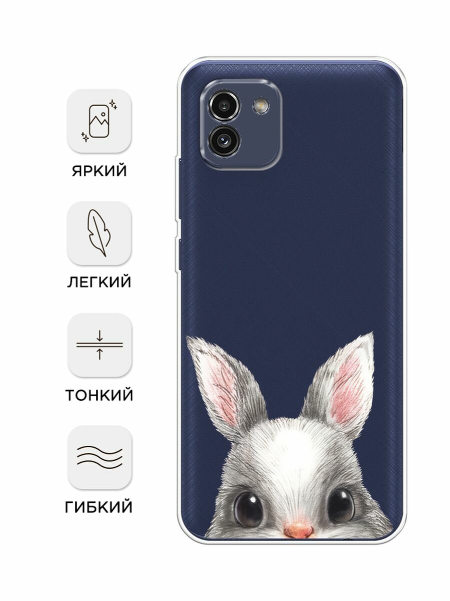 Чехол на Samsung Galaxy A03 / Самсунг Галакси А03 с принтом "Карандашный кролик 2 - 8 марта", прозрачный — фото 1