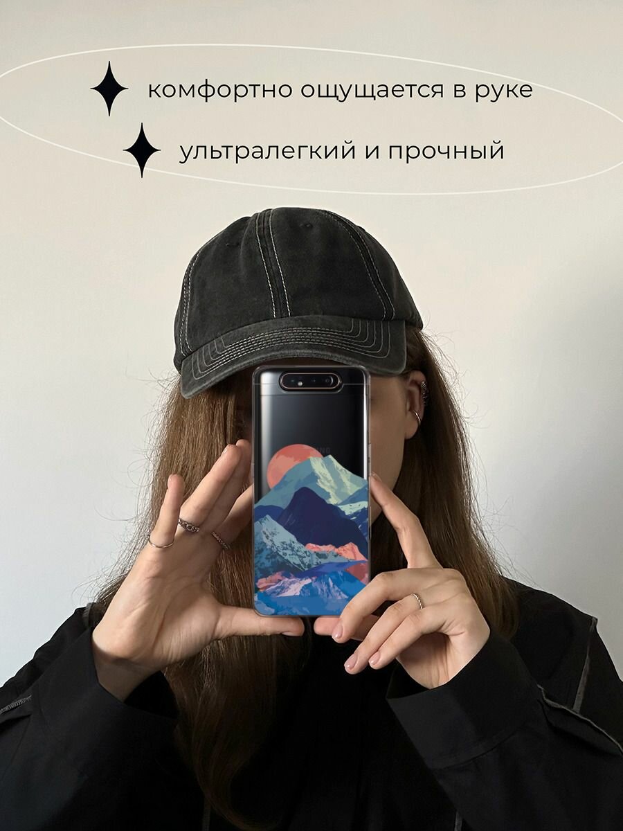 Чехол на Samsung Galaxy A80 / Самсунг Гэлакси A80 с принтом "Закат в снежных горах", прозрачный — фото 1