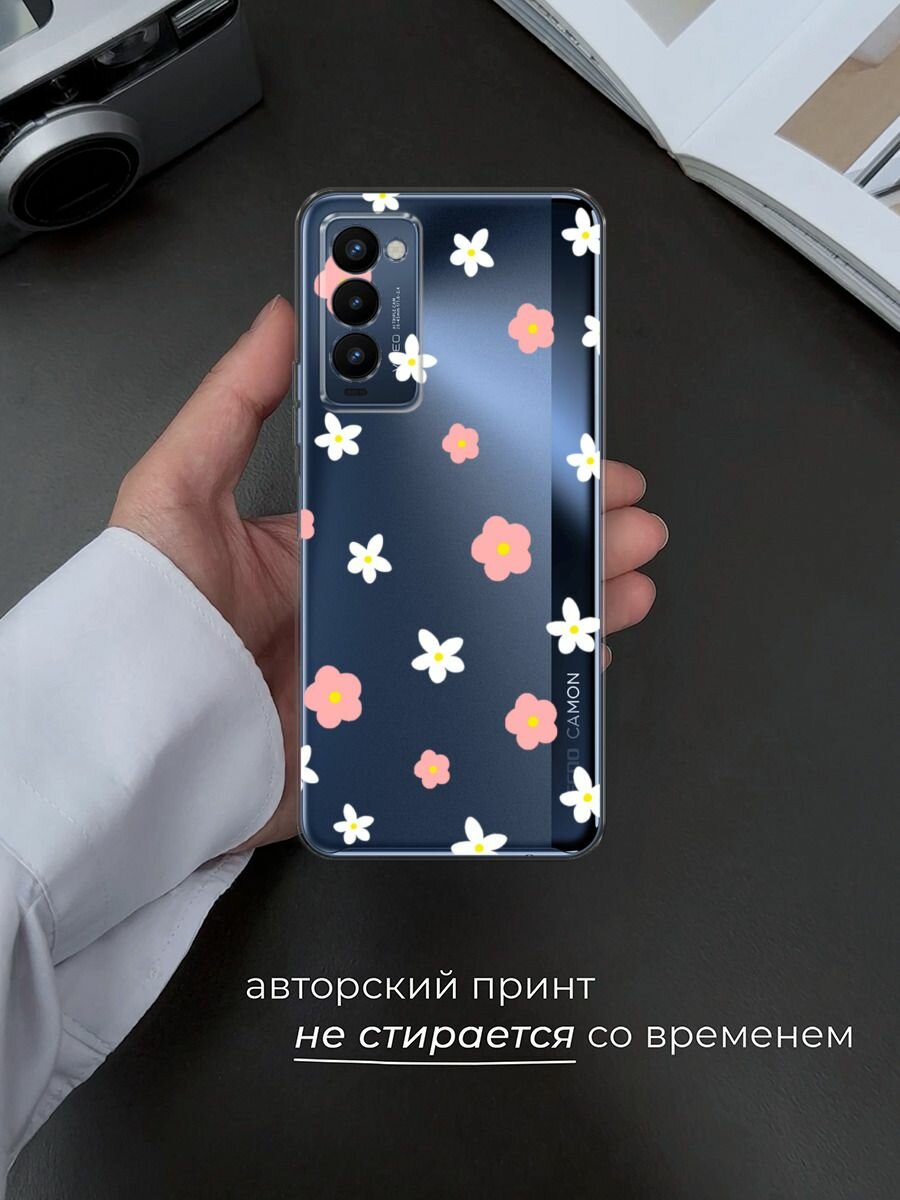 Чехол на Tecno Camon 18P / Техно Камон 18Р с принтом "Розовые и белые цветы", прозрачный — фото 1