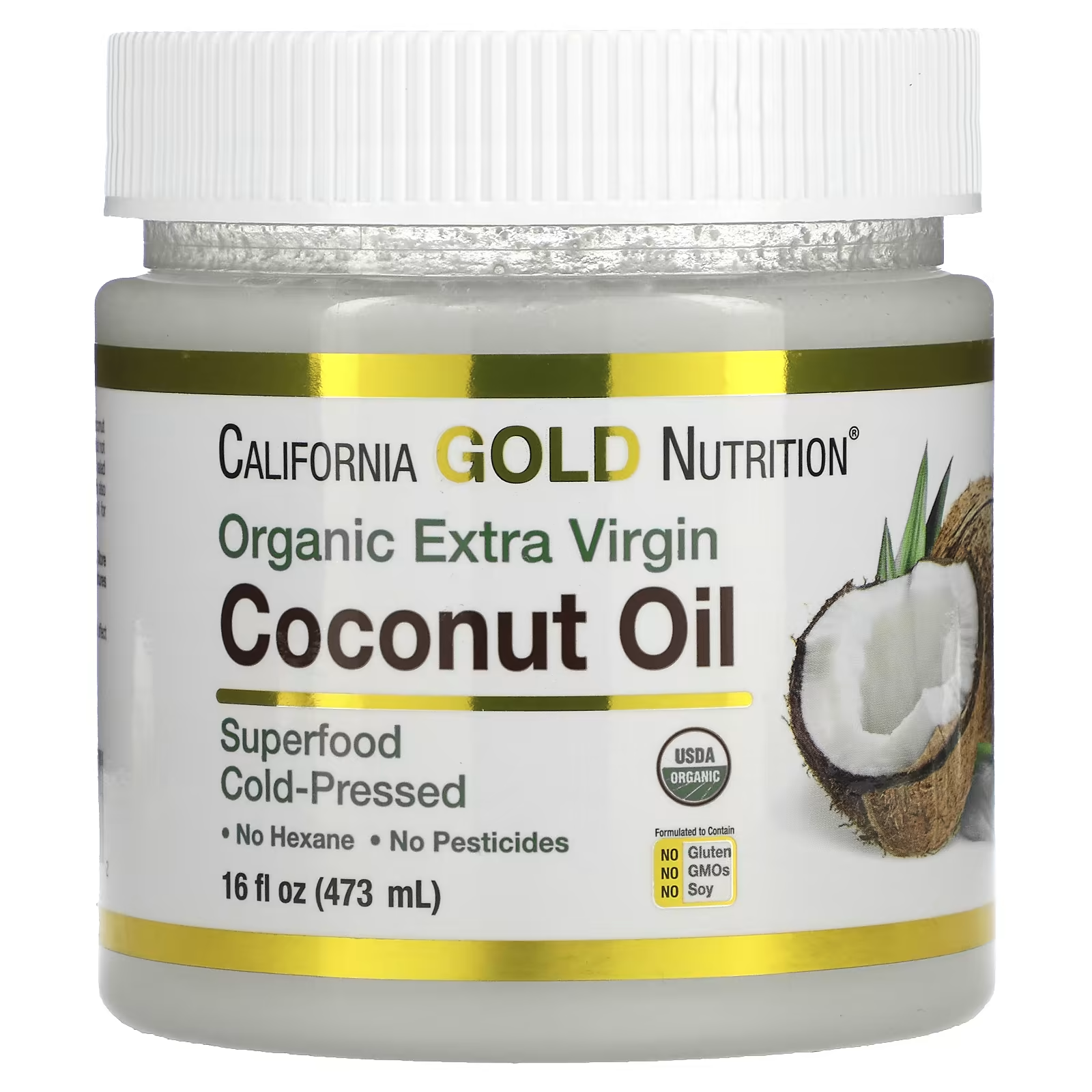 Кокосовое масло California Gold Nutrition, органическое, высшего качества, холодный отжим, 0,473 л