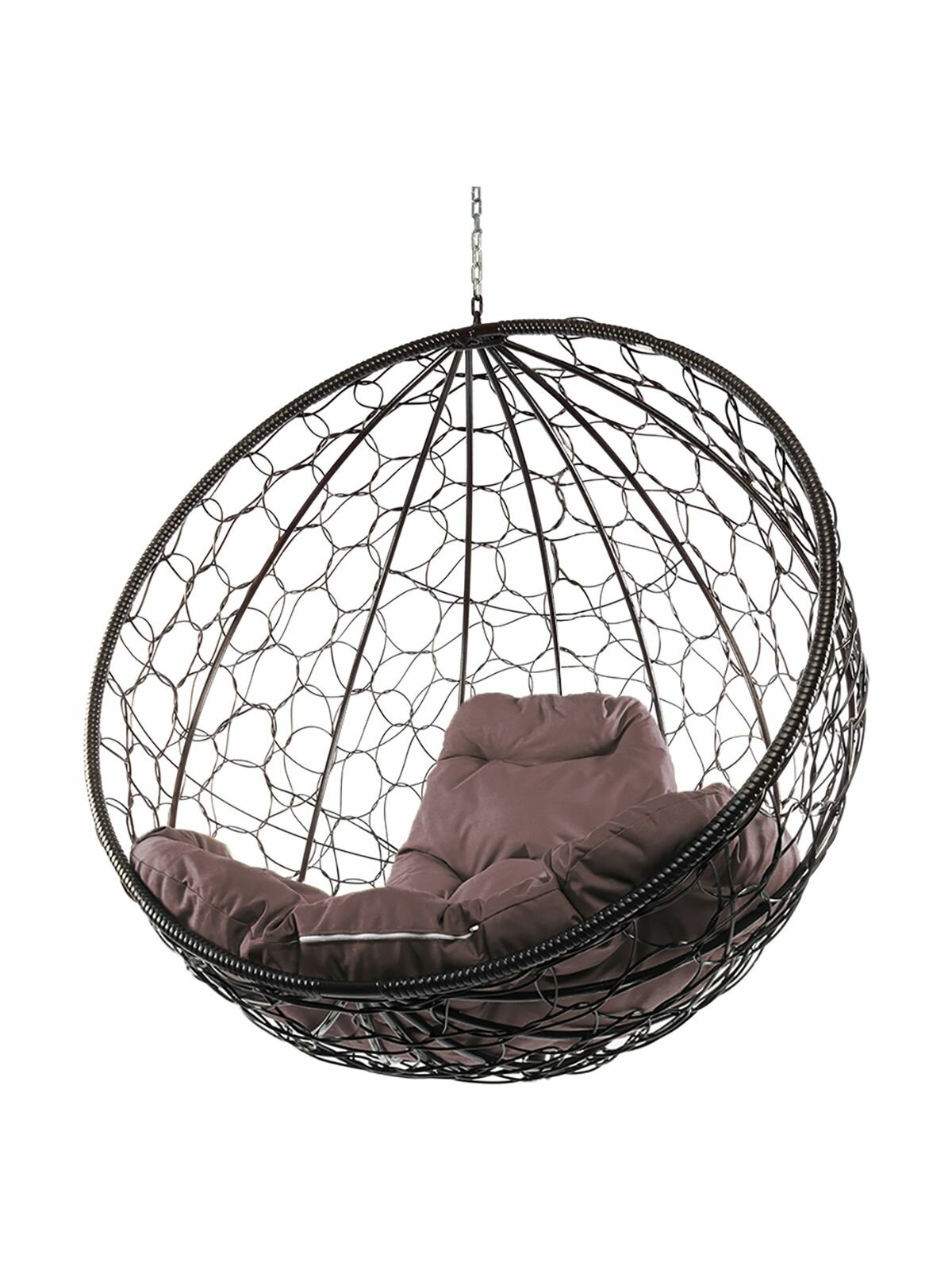 Подвесное кресло круг (без стойки), с ротангом коричневое, коричневая подушка