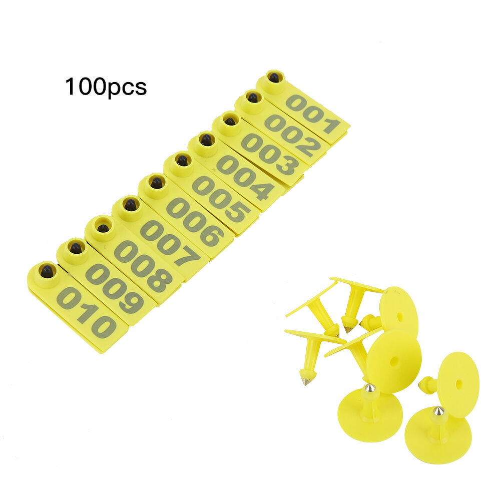 Пластиковые ушные бирки для скота (коз, овец, свиней) с номерами от 1 до 100 (желтые).