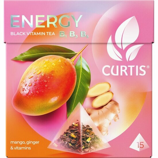 Чай черный Curtis "Energy" с ароматом манго кусочками имбиря и витаминами В1 В3 В5 фруктовый ароматизированный 15 пирамидок