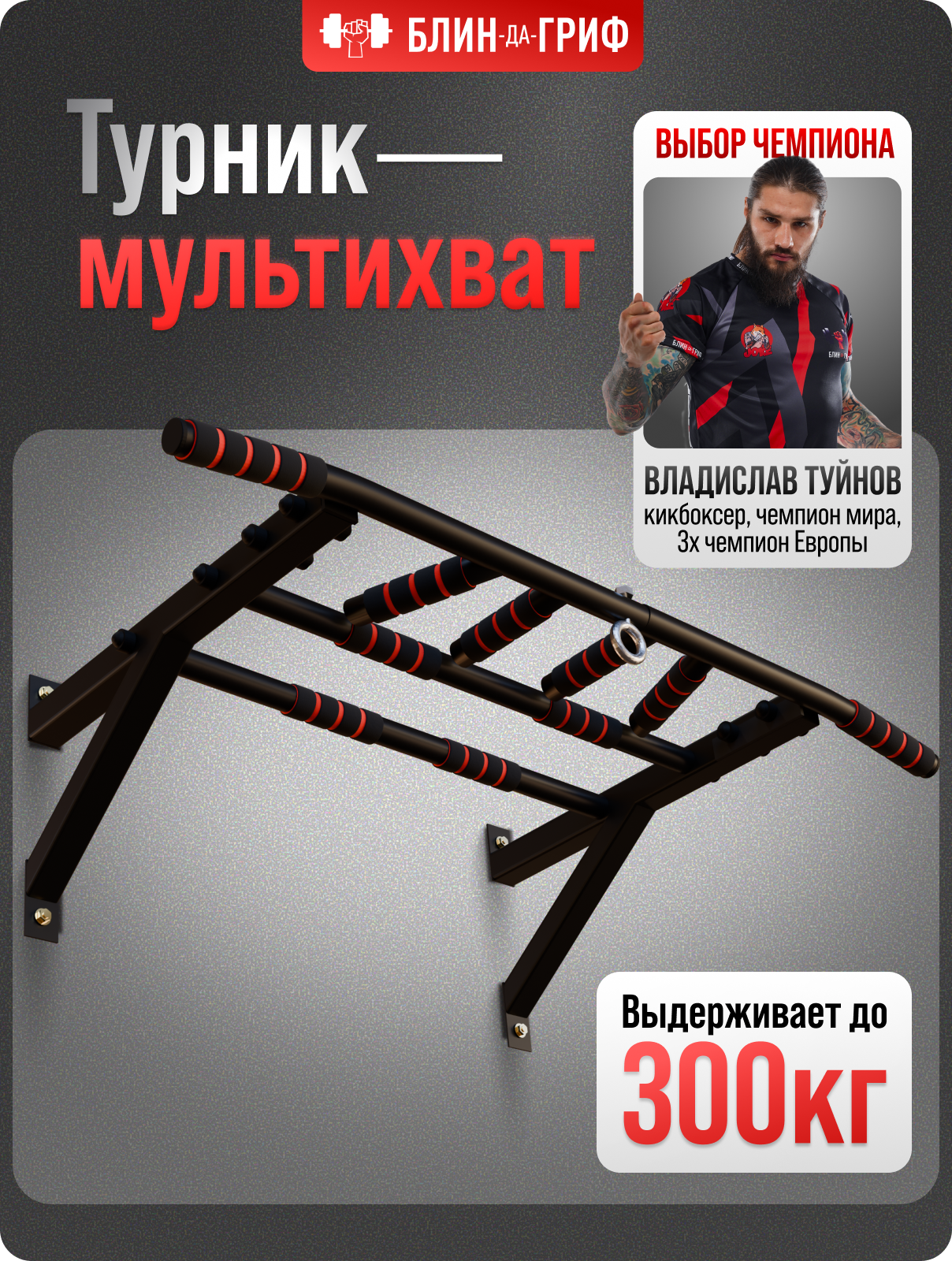 Турник Блин-Да-Гриф "Добрыня", настенный, для домашнего спортзала, черный