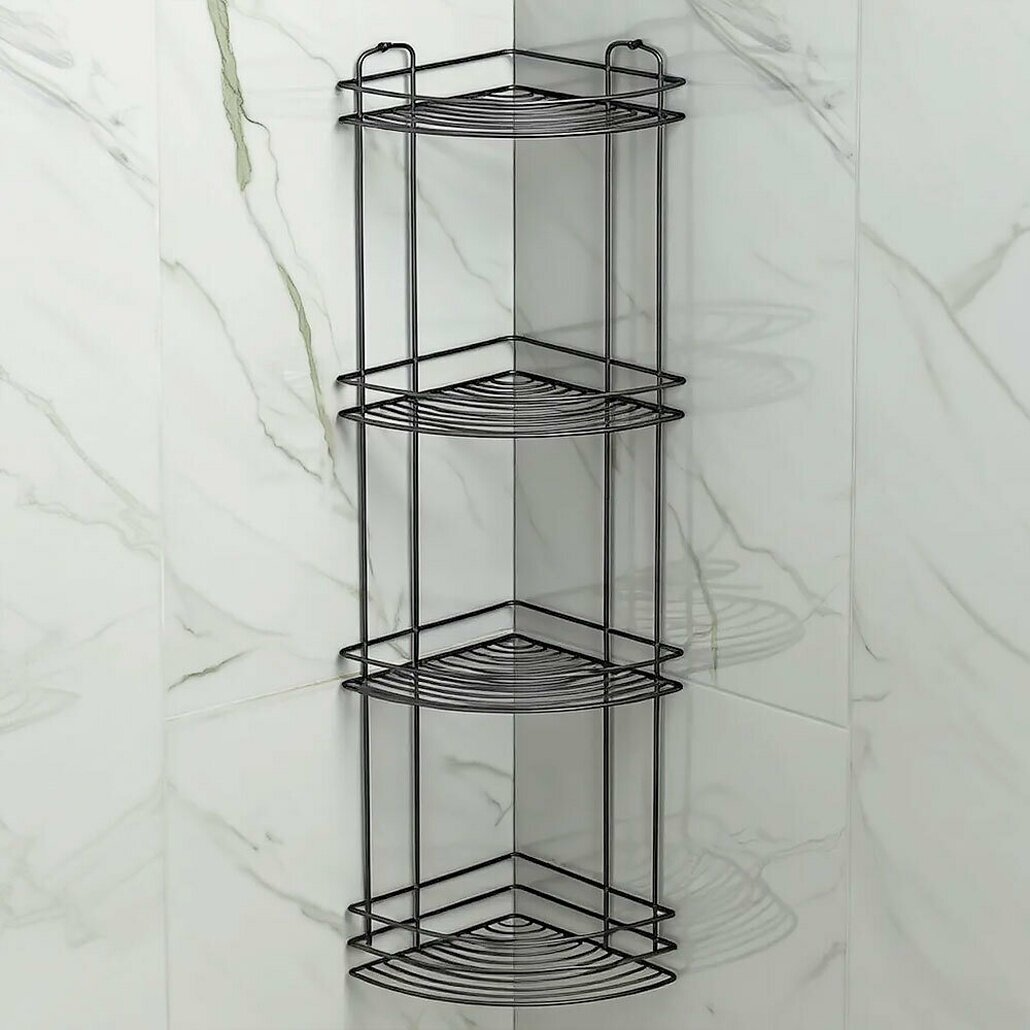 Полка угловая металлическая 4-ярусная, черный, 21×21×82,5см, компактное хранение для ванной комнаты