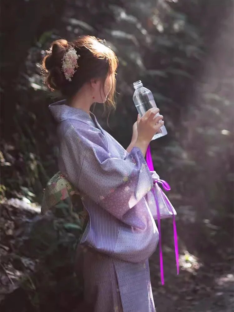 Женское традиционное кимоно Yukata фиолетовое с цветочным принтом S, kimono with obi