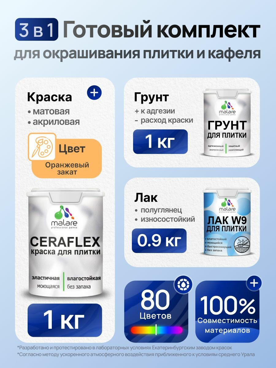 Комплект Malare для окрашивания плитки и кафеля (1кг грунт + 1кг краска + 0,9кг лак), без запаха, полуглянцевый, цвет оранжевый закат