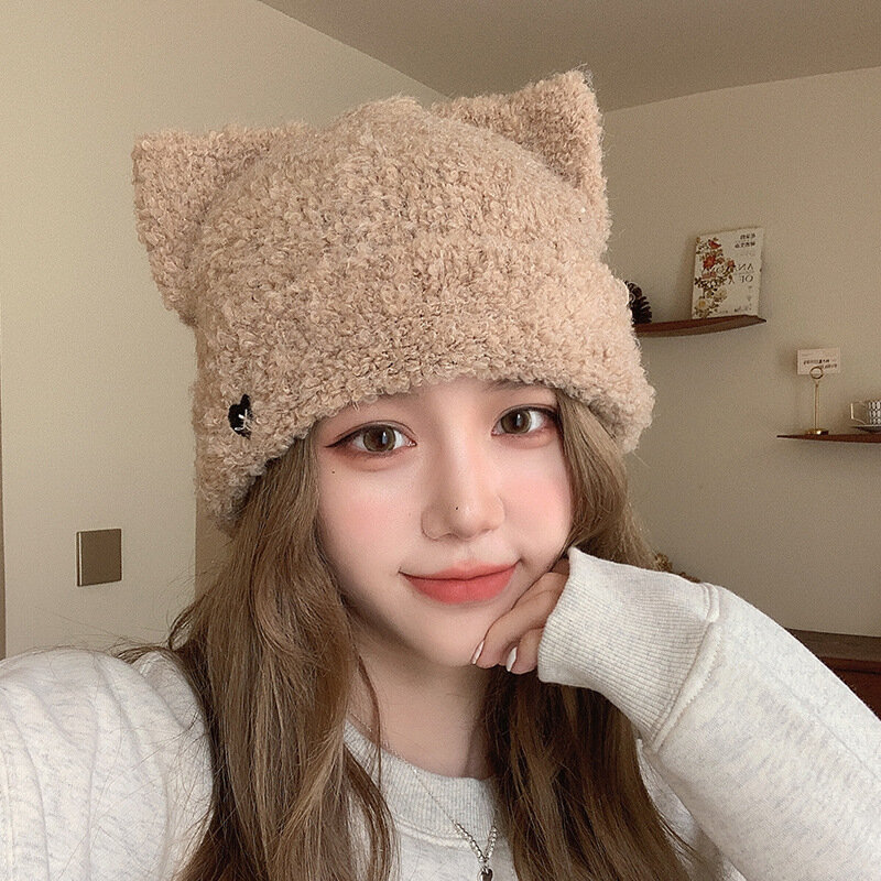 Вязаная шапка, зимняя шерстяная шапка с кошачьими ушками, женская теплая и холодостойкая плюшевая защитная шапка для ушей, сладкая защита для ушей, холодная шапка