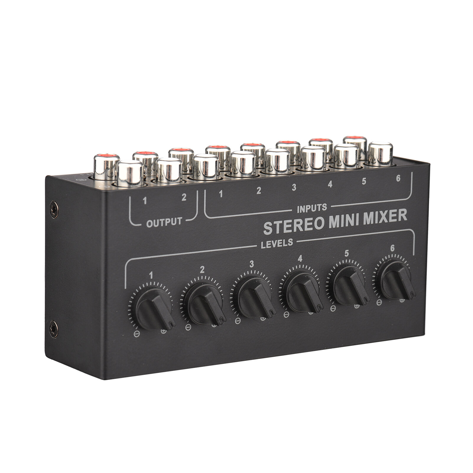 Mini Stereo 6 Channel Passive Mixer RCA Portable Audio Mixer 6 In 2 Out Stereo Distributor Volume Control No Battery Required Metal 10K-47K ohms Input Impedance 2.5K-10K ohms Output Impedance Max. -12dB Gain 126*58*37mm 233g 1 Audio Mixer 1 Manual English