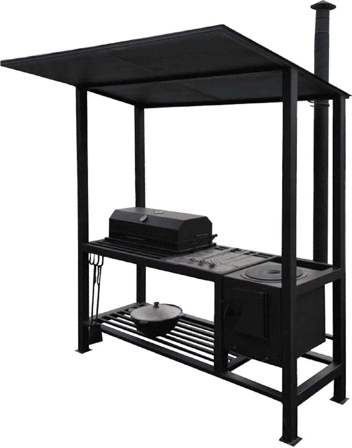 Мангал Лофт "AL–4" с печью, крышей, дымоходом и крышкой барбекю термодатчиком