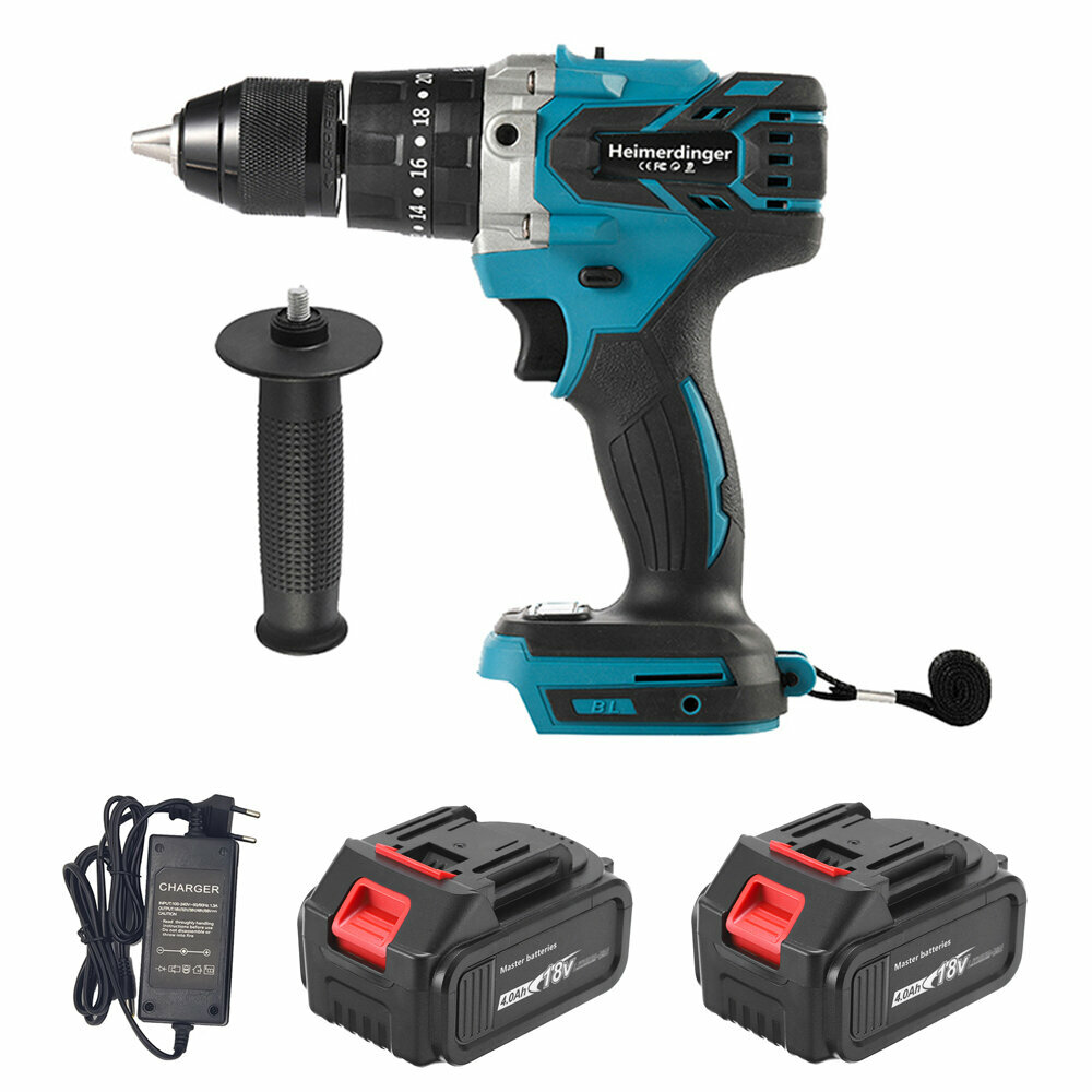 Аккумуляторная ударная бесщеточная дрель-шуруповерт Heimerdinger, 18В, 2х4 А·ч Li-Ion, 120 нм, LB176