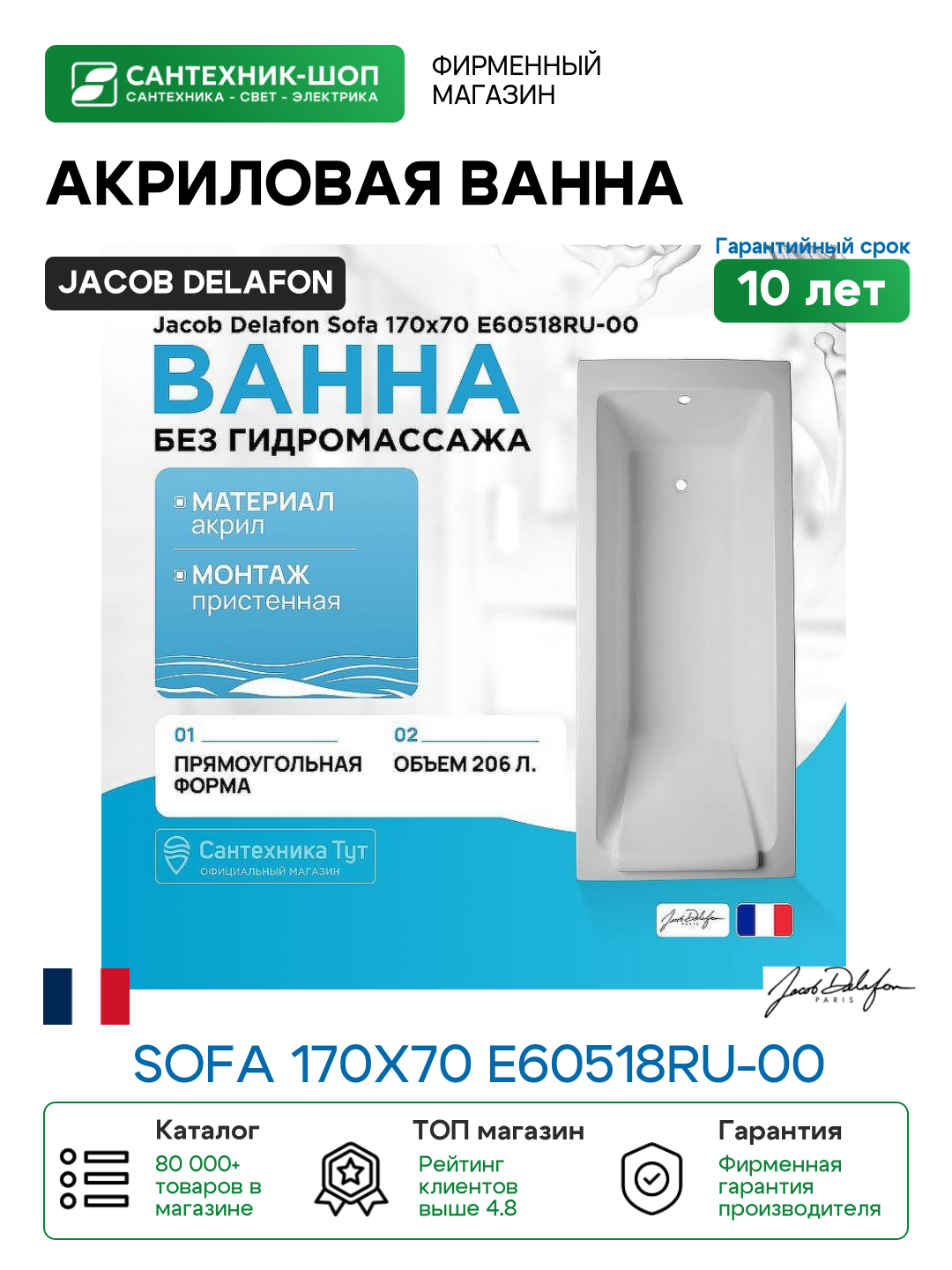 Акриловая ванна Jacob Delafon Sofa 170x70 E60518RU-00 без гидромассажа